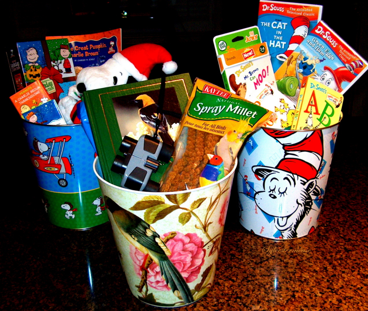 Using a Decorative Trash Can as a Gift Basket - House of Sylvestermouse